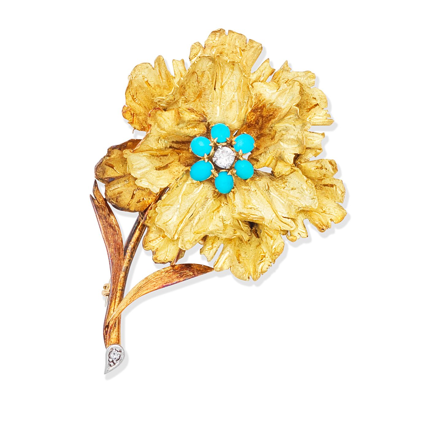 Bonhams : MICHAEL GOSSCHALK TURQUOISE AND DIAMOND-SET FLOWER BROOCH,
