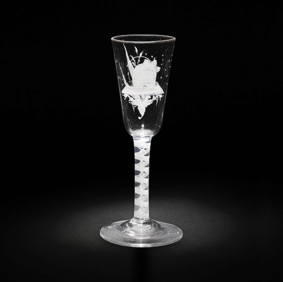 Bonhams : A rare Beilby enamelled opaque twist ale glass or mead flute ...