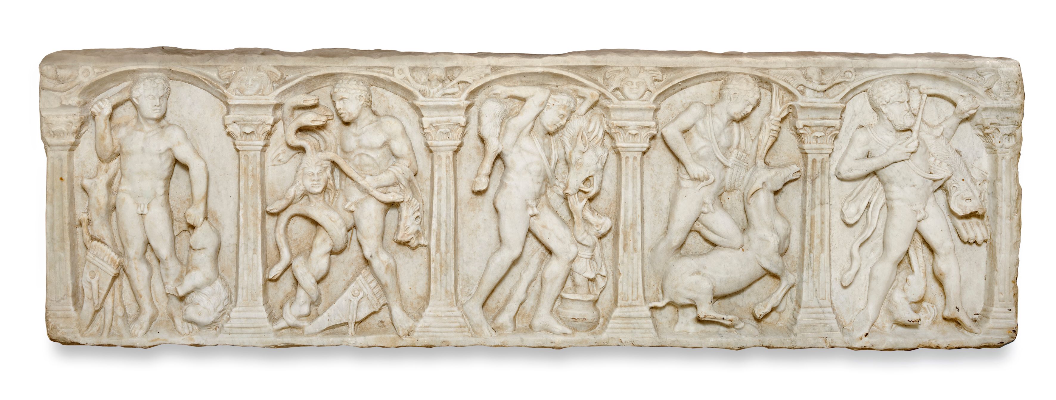 Bonhams : An Italian carved white marble figural relief depicting five ...