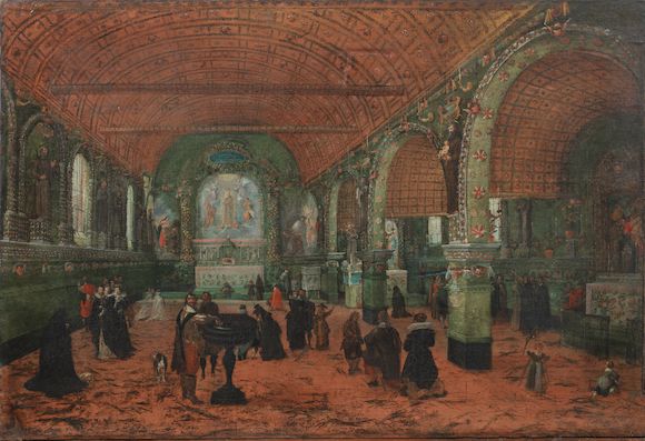 Bonhams : Flemish School, 17th Century Figures in a church interior ...