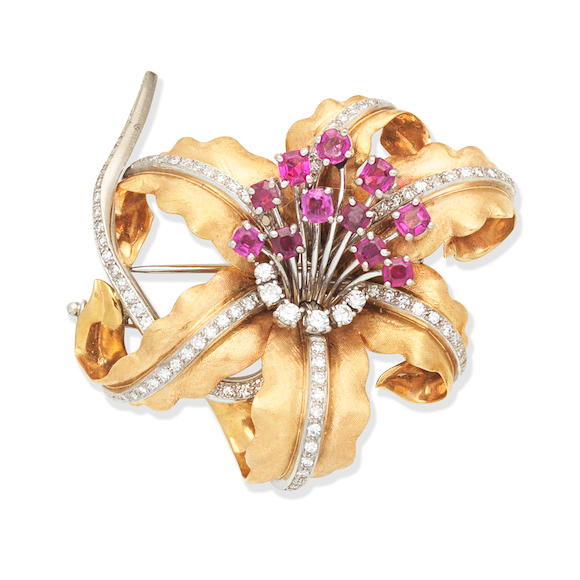 Bonhams Ruby And Diamond Flower Brooch