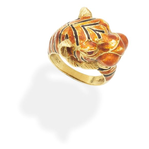 Bonhams : BEN ROSENFELD: ENAMEL AND RUBY TIGER RING,