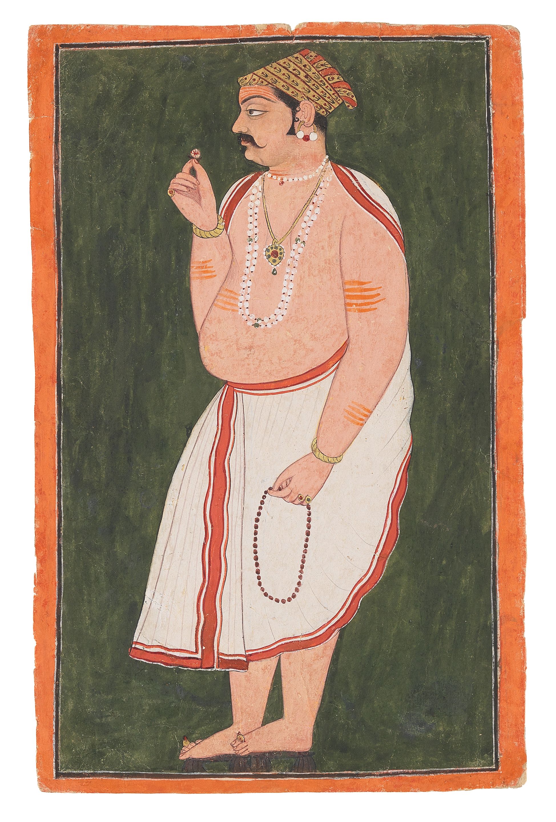 Bonhams : A prince in a white dhoti holding a rose, preparing for puja Bundi or Kotah, late 17th ...