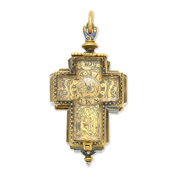 Bonhams : A Cruciform brass, enamel and rock crystal verge watch ...