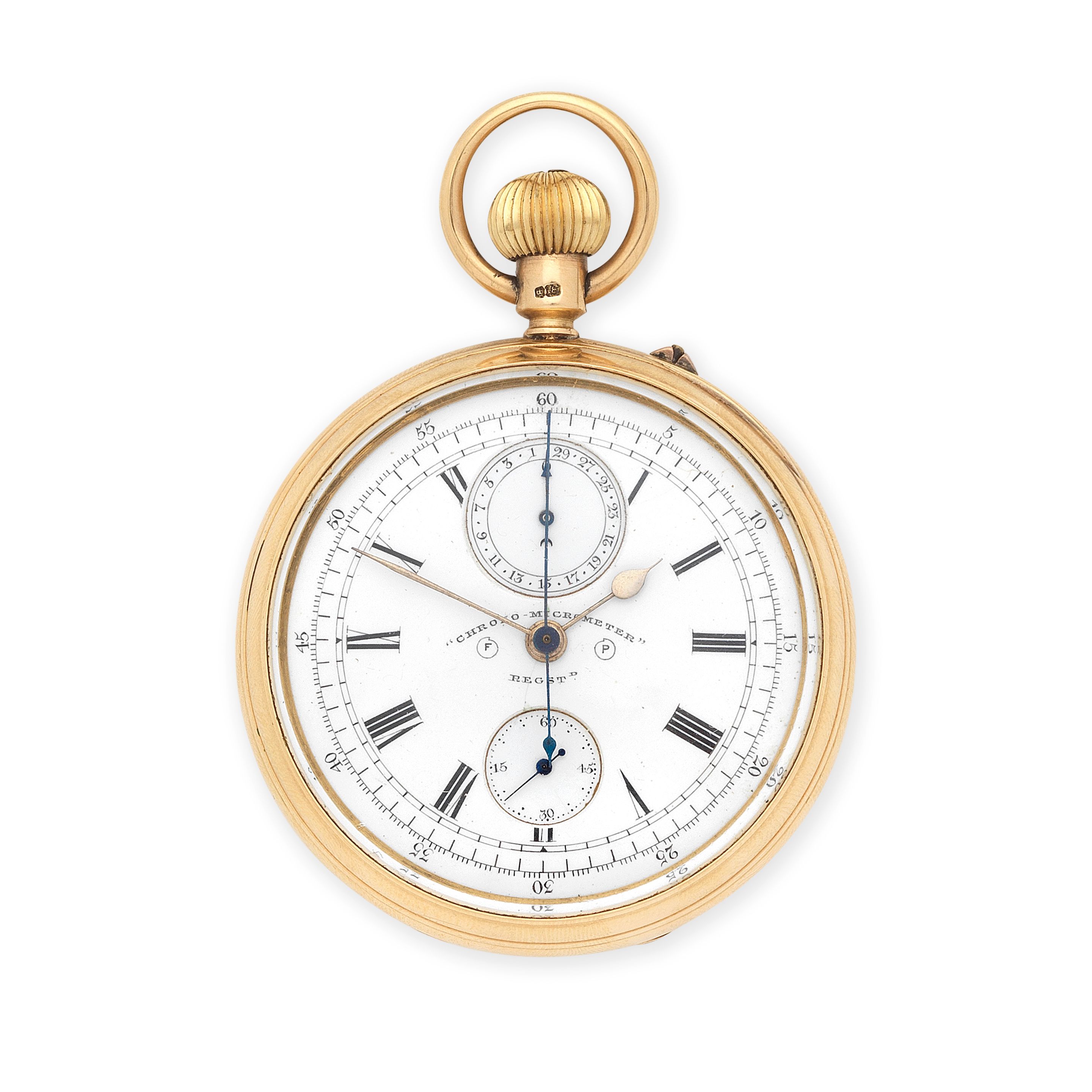 Bonhams : An 18K gold keyless wind open face chronograph pocket watch ...
