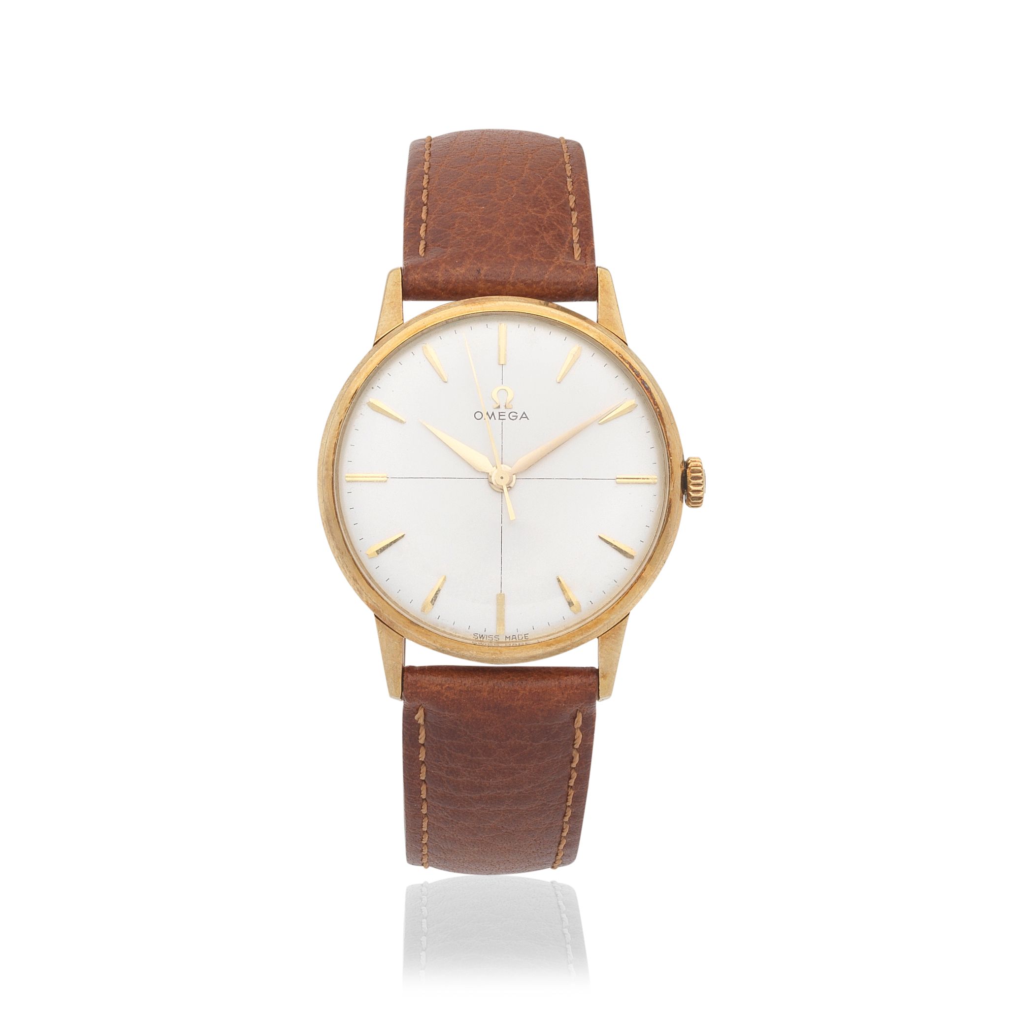 Bonhams : Omega. A 14K gold manual wind wristwatch Circa 1960