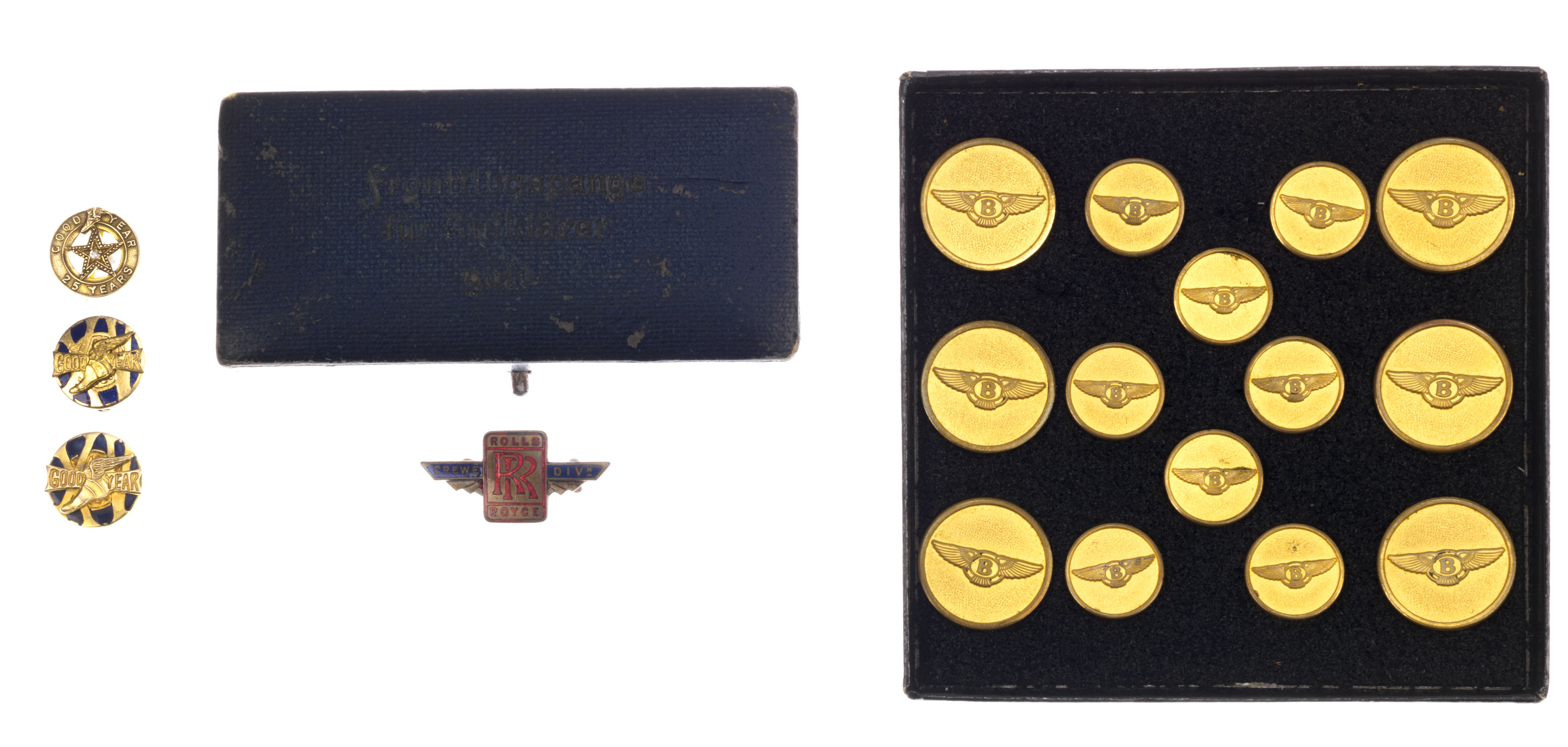 Bonhams Cars : Three 9ct gold Goodyear long service lapel badges, ((Qty))