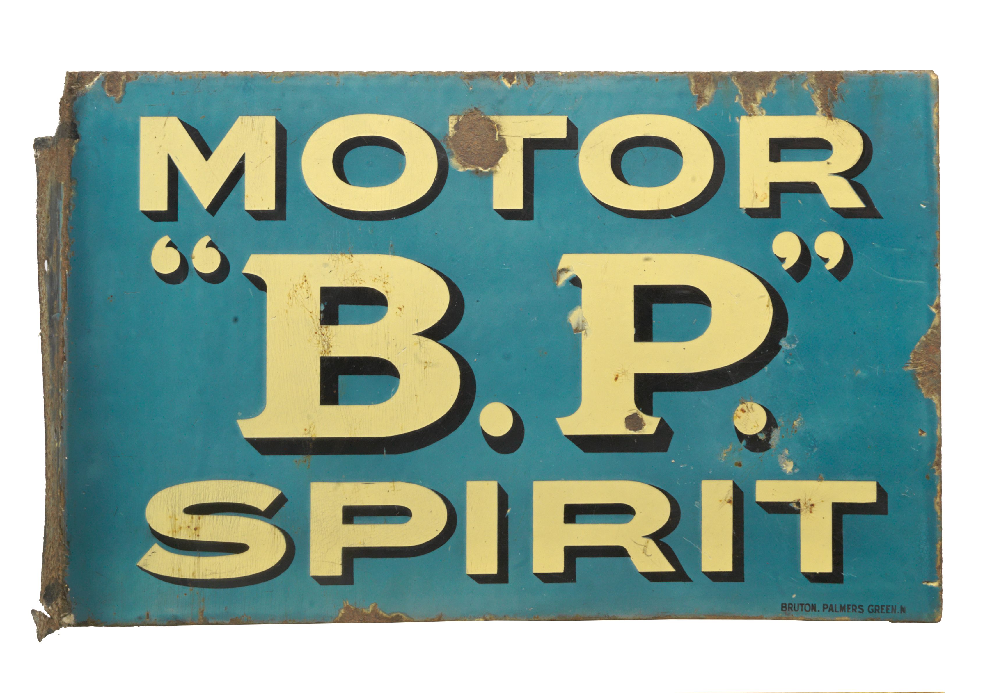 Bonhams Cars : A 'BP Motor Spirit' double-sided flange-mounted enamel sign,