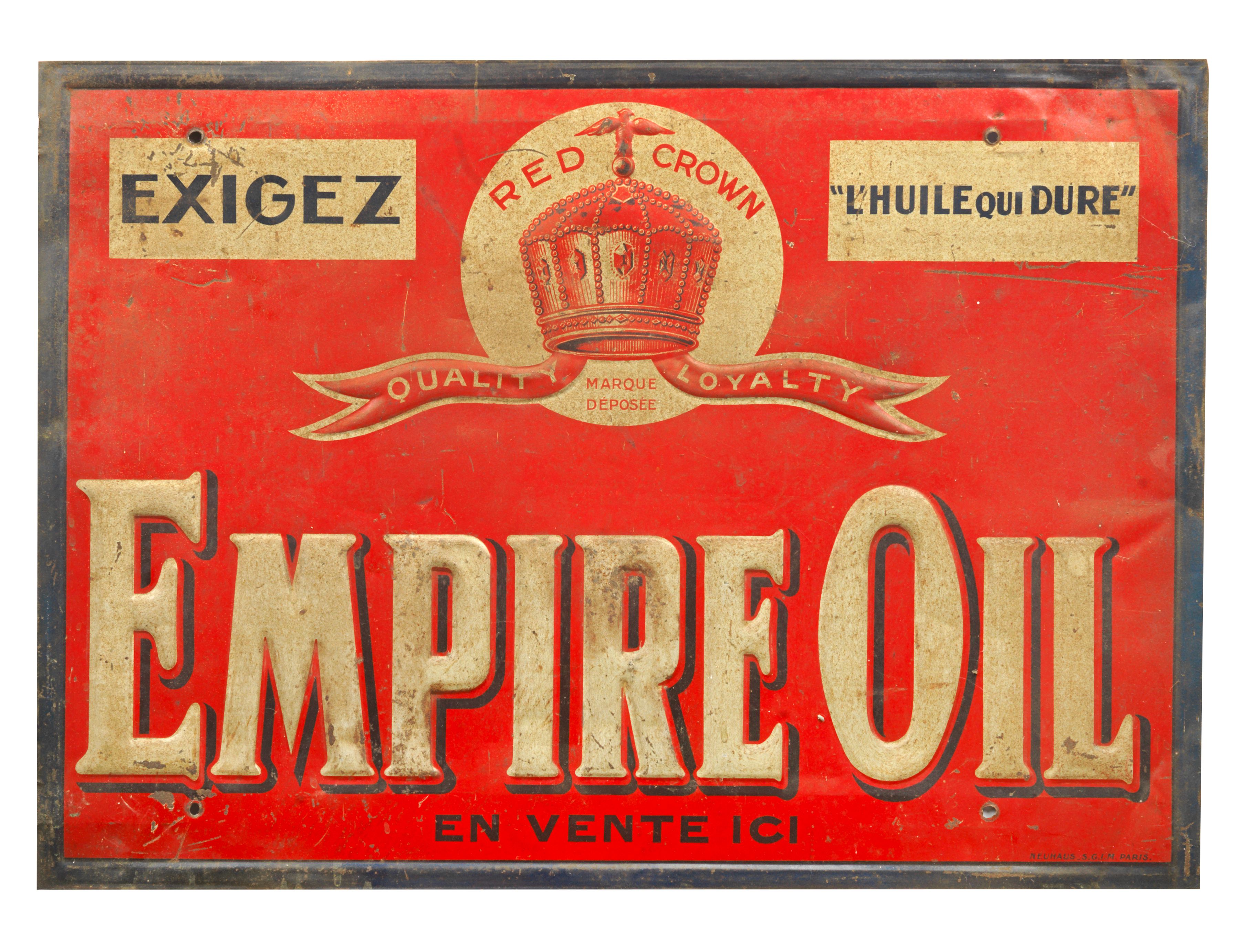 Bonhams Cars : An 'Empire Oil En Vente Ici' embossed tin sign,