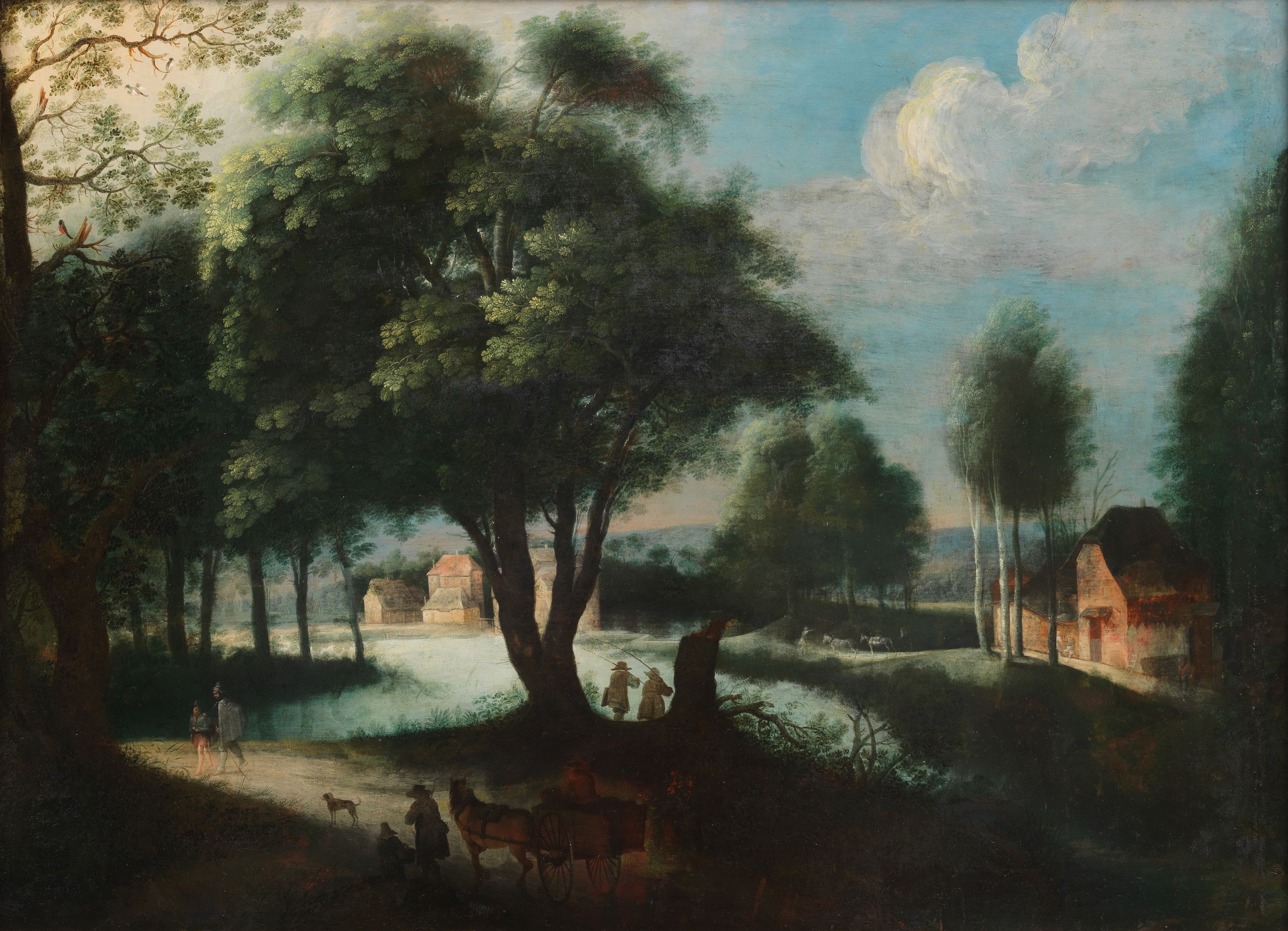 Bonhams : After Adriaen van Stalbemt, 18th Century A river landscape with travellers on a wooded ...