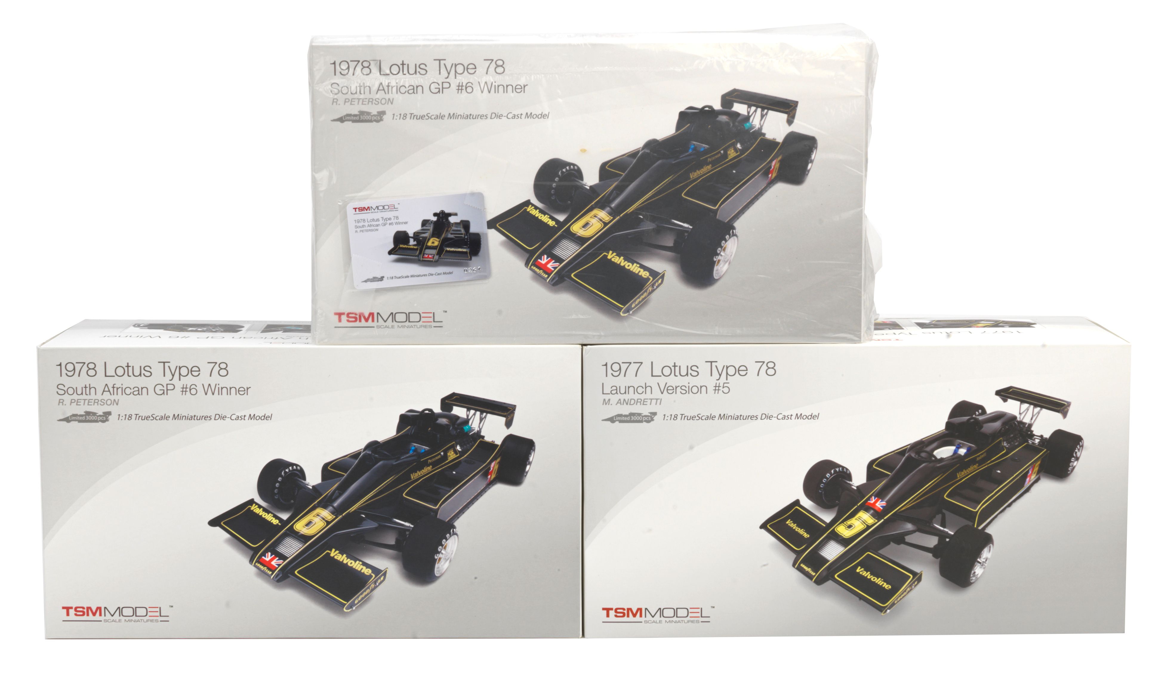 Bonhams Cars : Three boxed 1:18 scale JPS Lotus Type 78 die-cast models, by TSM Models, ((3))