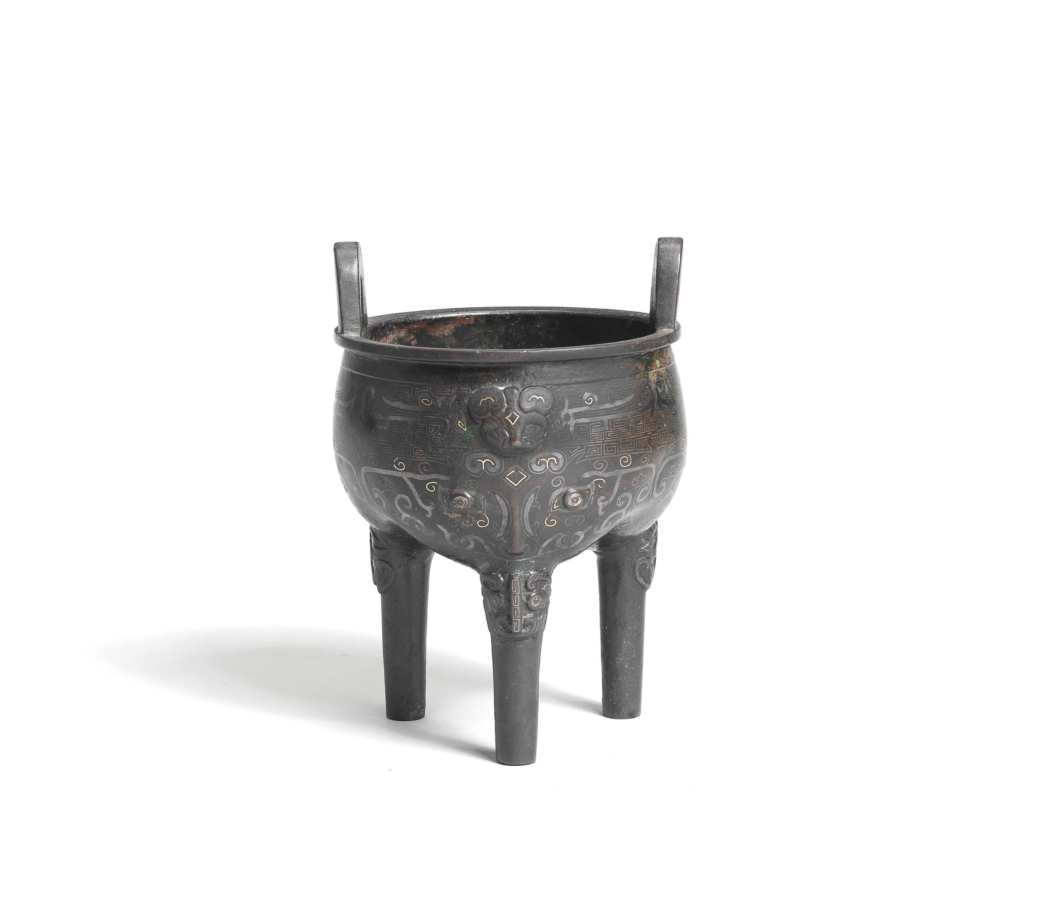 Bonhams : A RARE GOLD AND SILVER-WIRE INLAID BRONZE TRIPOD INCENSE ...
