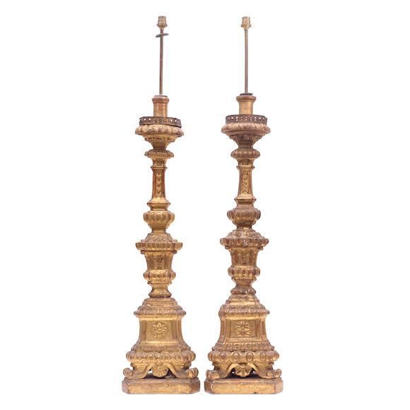 Bonhams : A pair of 19th century Italian giltwood alter candlesticks (2)