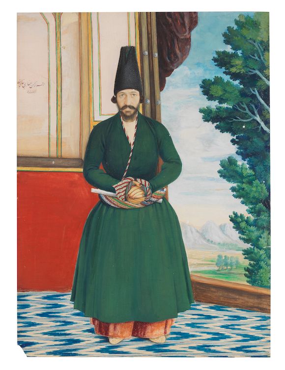 Bonhams : A Persian dignitary wearing a green coat, standing on a ...