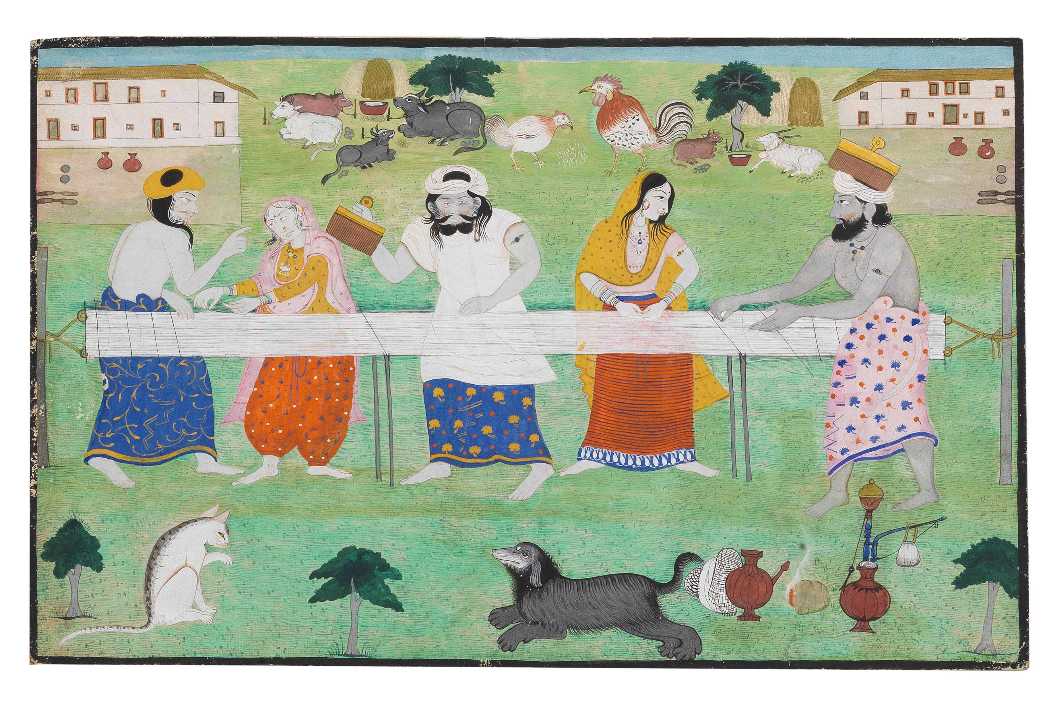 Bonhams : Villagers preparing wool stretched on a loom Tehri-Garwhal ...