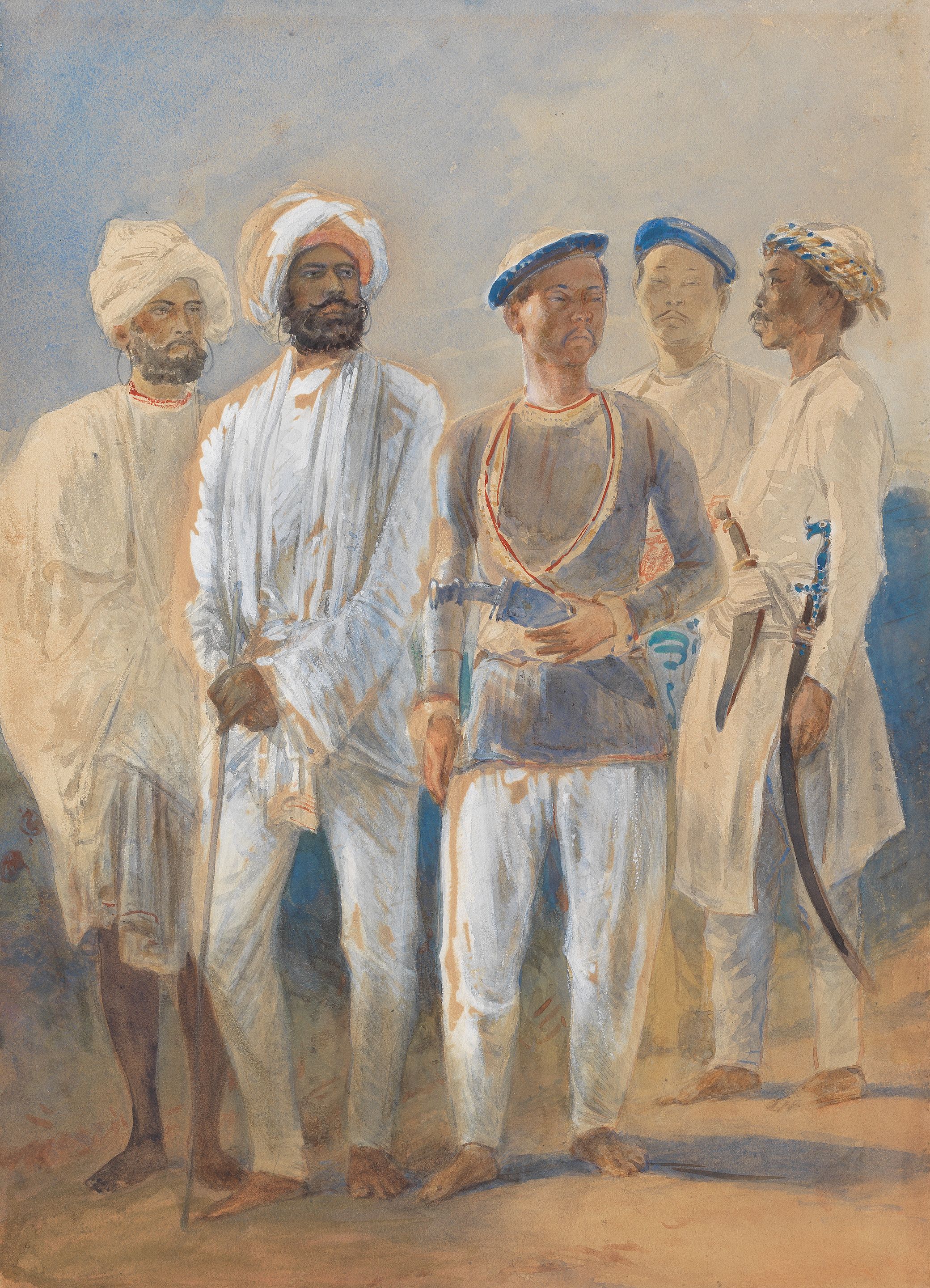 Bonhams : Egron Selif Lundgren (Swedish, 1815-1875) Two Sikh and three Gurkha soldiers