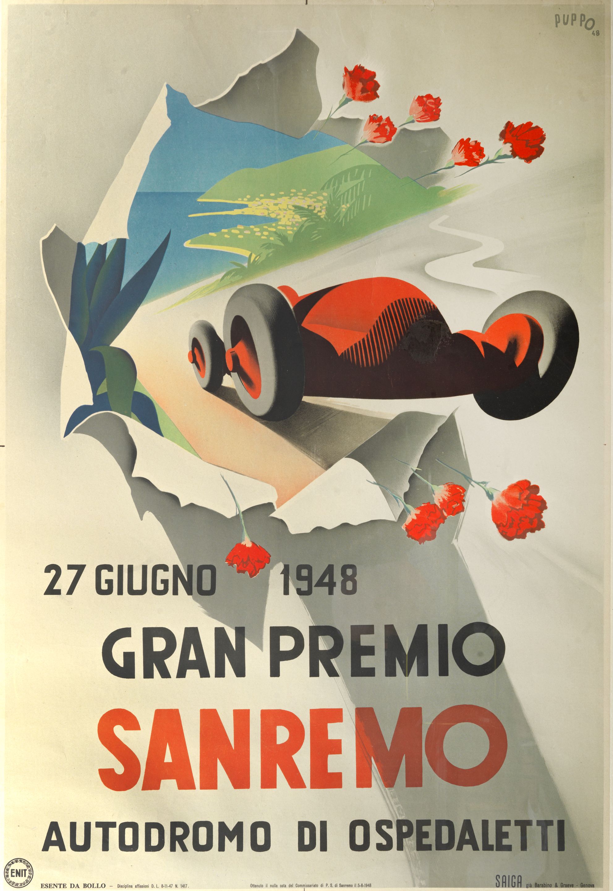 Bonhams Cars : A Gran Premio Sanremo 1948 race poster after Puppo, Italian,
