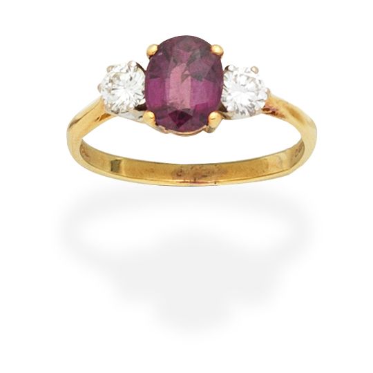 Bonhams : RUBY AND DIAMOND THREE-STONE RING,