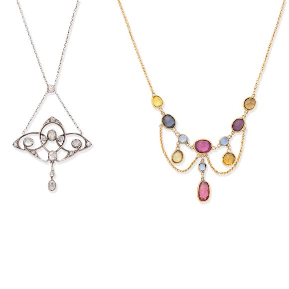 Bonhams : GEM-SET PENDANT; DIAMOND-SET PENDANT, (2)