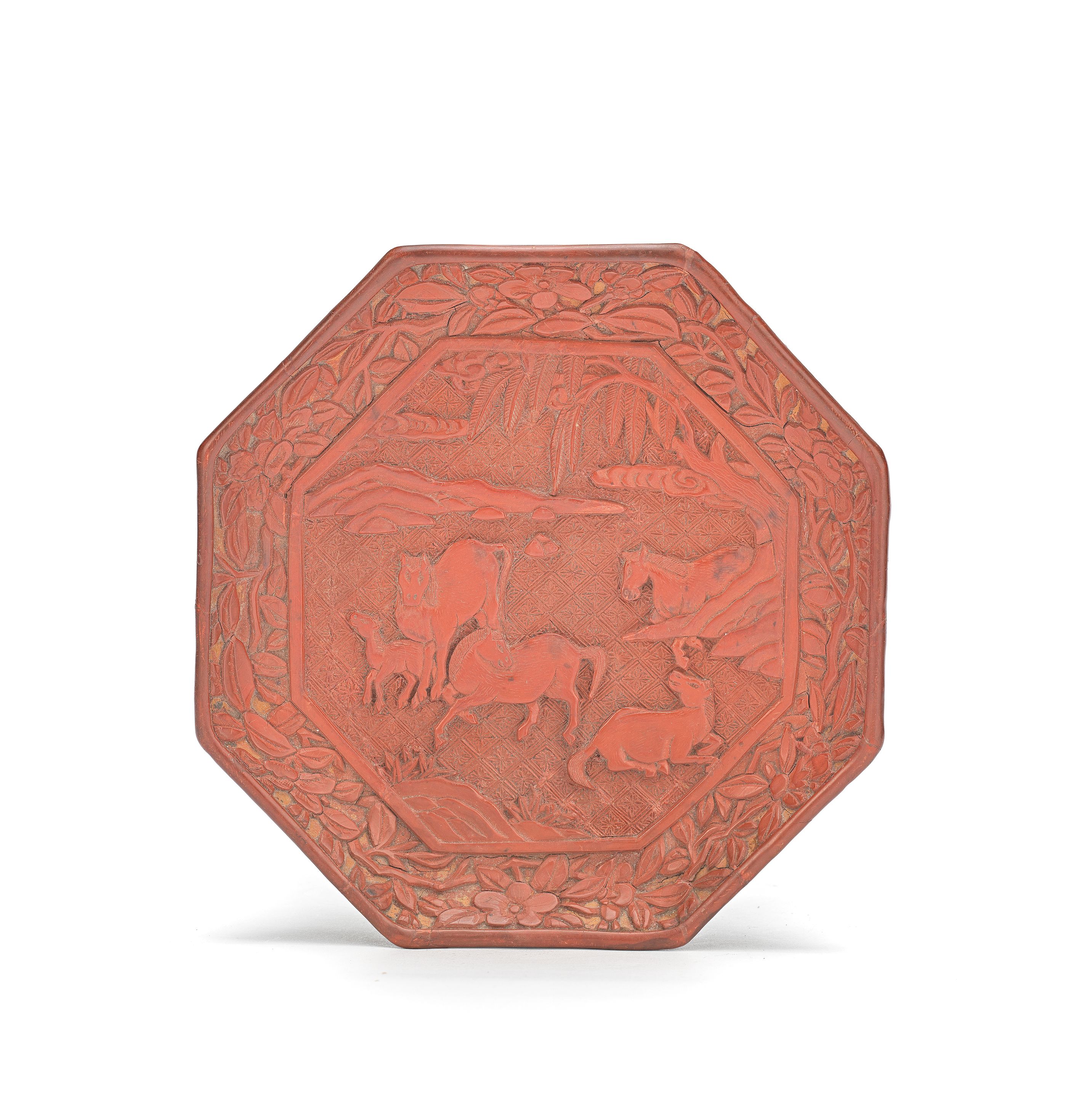 Bonhams : A CINNABAR LACQUER TWO-COLOUR OCTAGONAL 'HORSES' DISH Ming ...