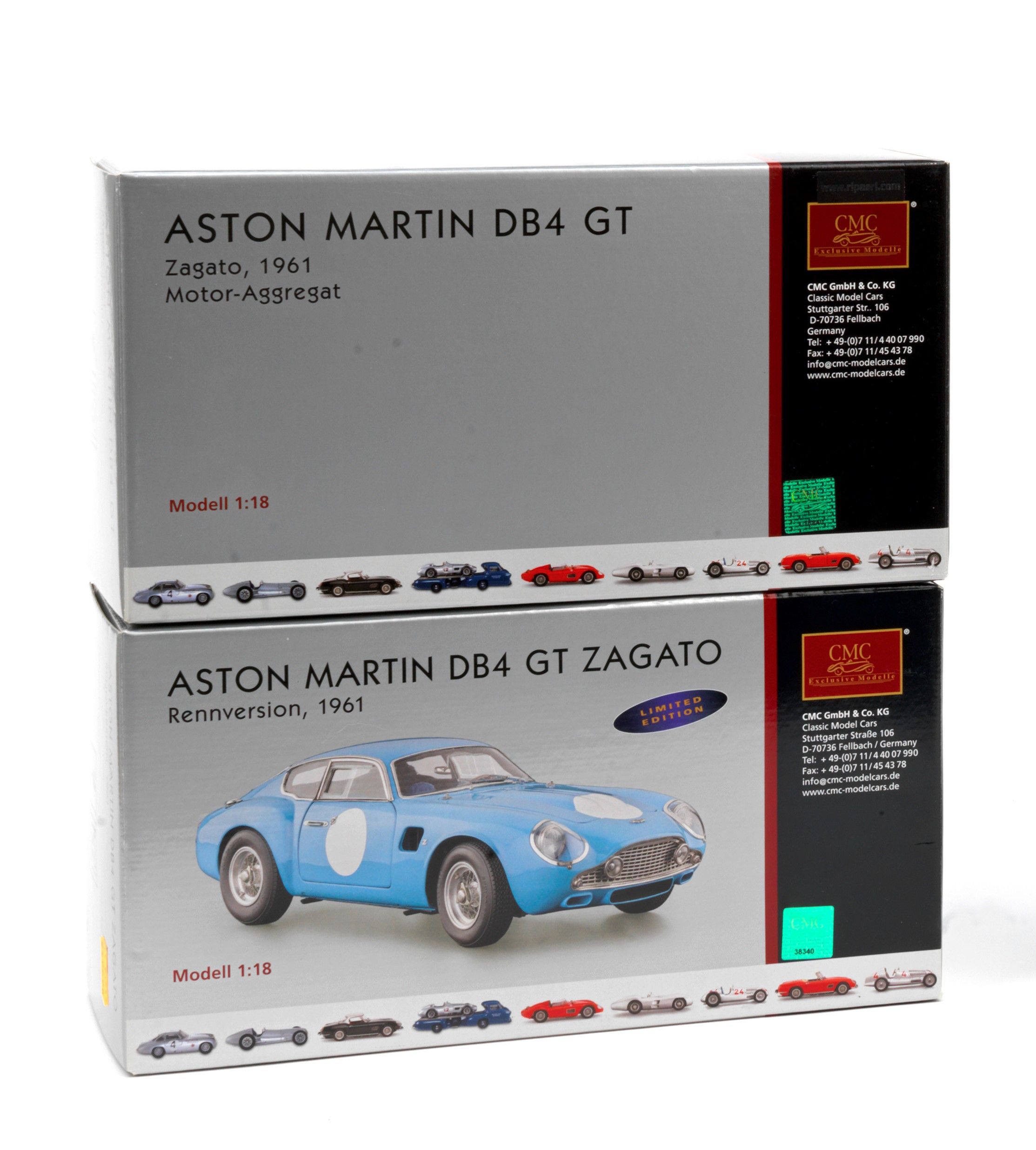 Two boxed 1:18 scale models of a 1961 Aston Martin DB4 GT Zagato and engine, by CMC Models of ...