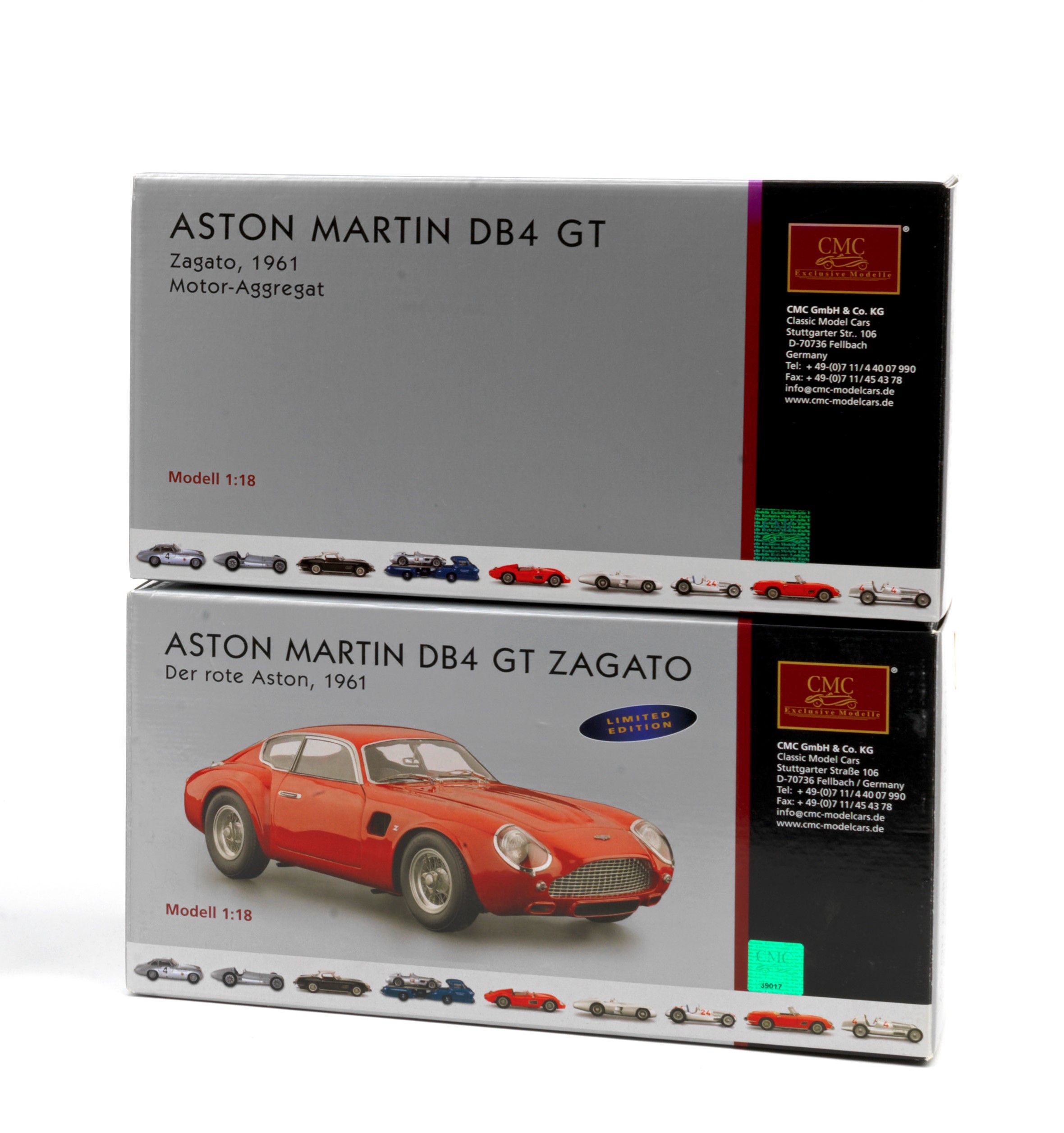 Two boxed 1:18 scale models of a 1961 Aston Martin DB4 GT Zagato and engine, by CMC Models of ...
