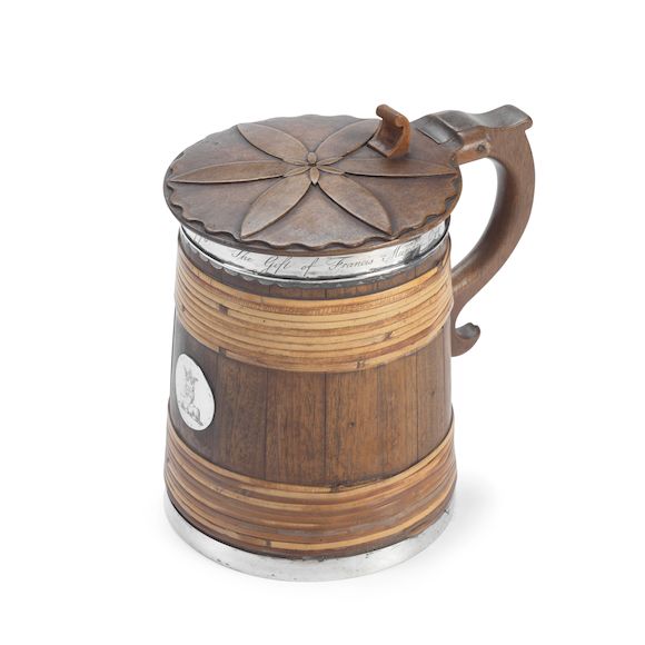 Bonhams : An 18th century wood tankard with silver mounts unmarked ...