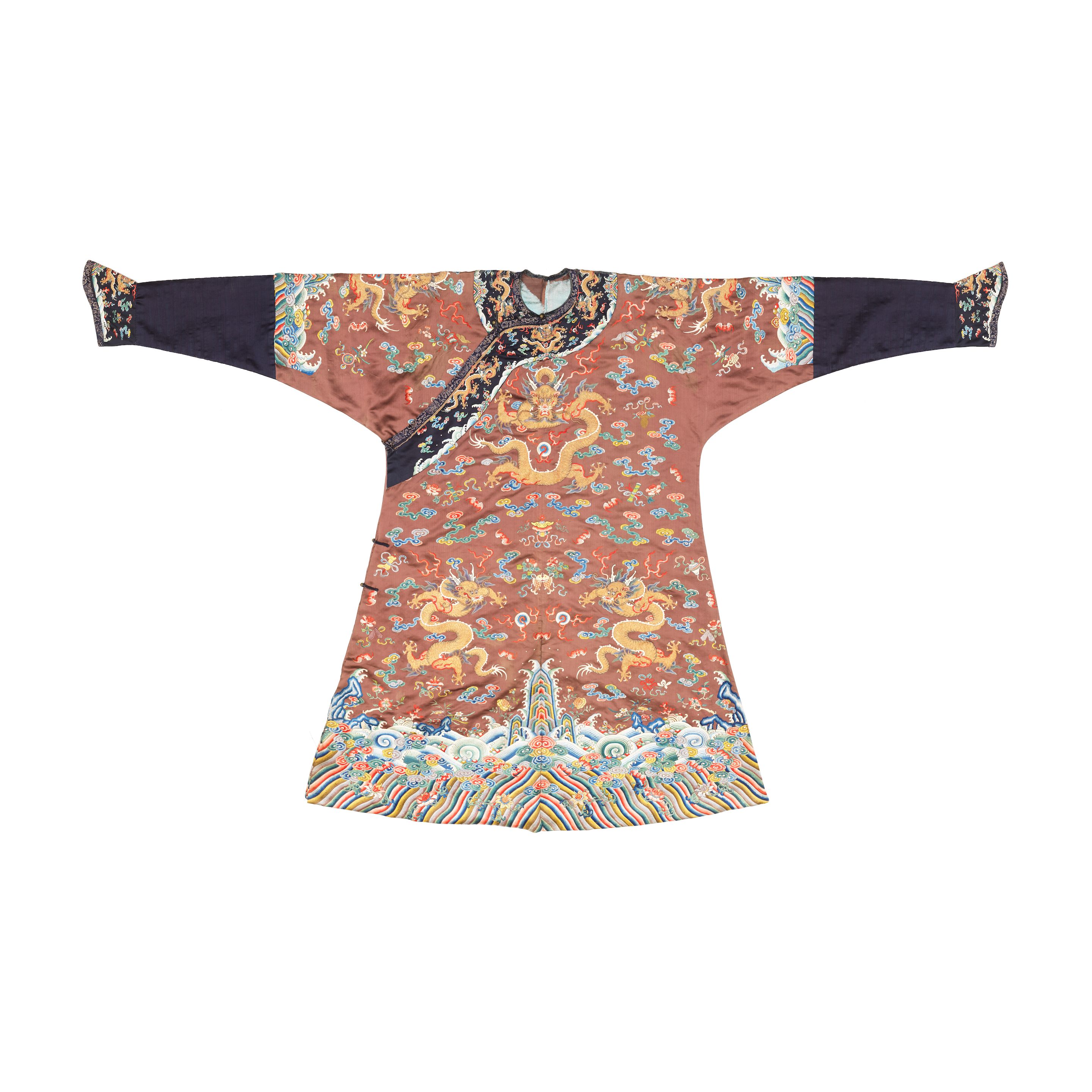 Bonhams : A RARE CHESTNUT-GROUND EMBROIDERED SILK 'DRAGON' ROBE, JIFU ...