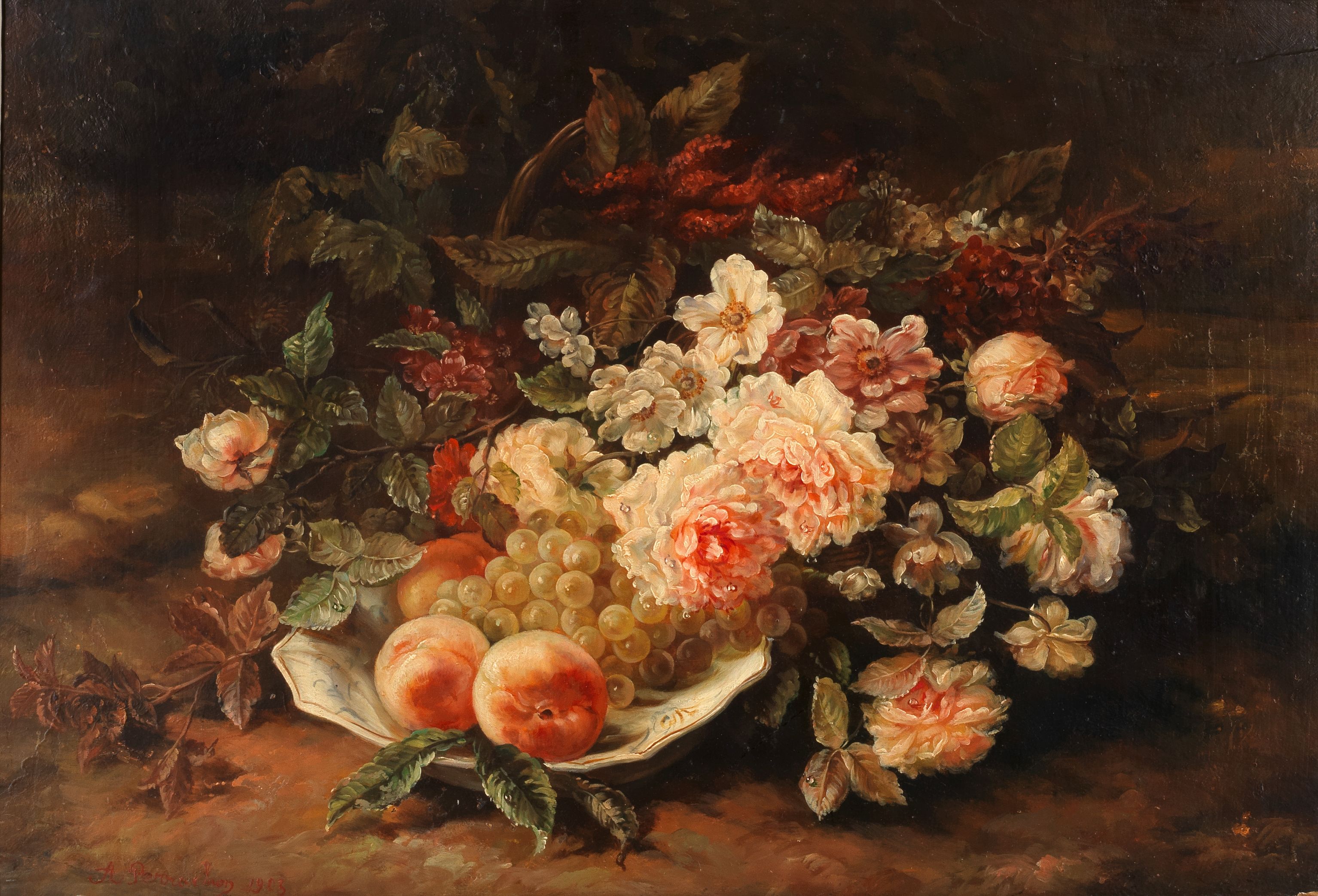 Bonhams : André Perrachon (French, 1827-1909) Still life of fruit and flowers