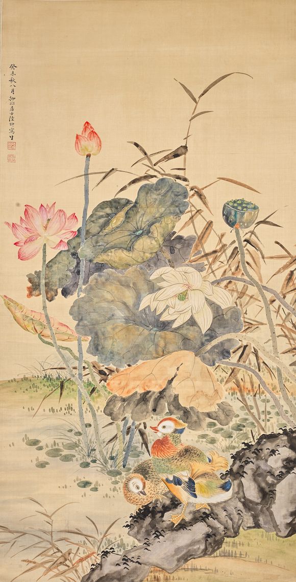 Bonhams : LU CHONG (1908-1997) Lotus and Mandarin Ducks