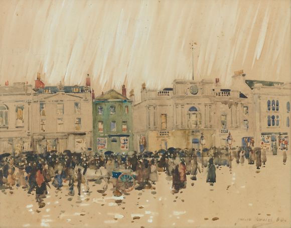 Bonhams : James Watterston Herald (Scottish, 1859-1914) Town scene in ...