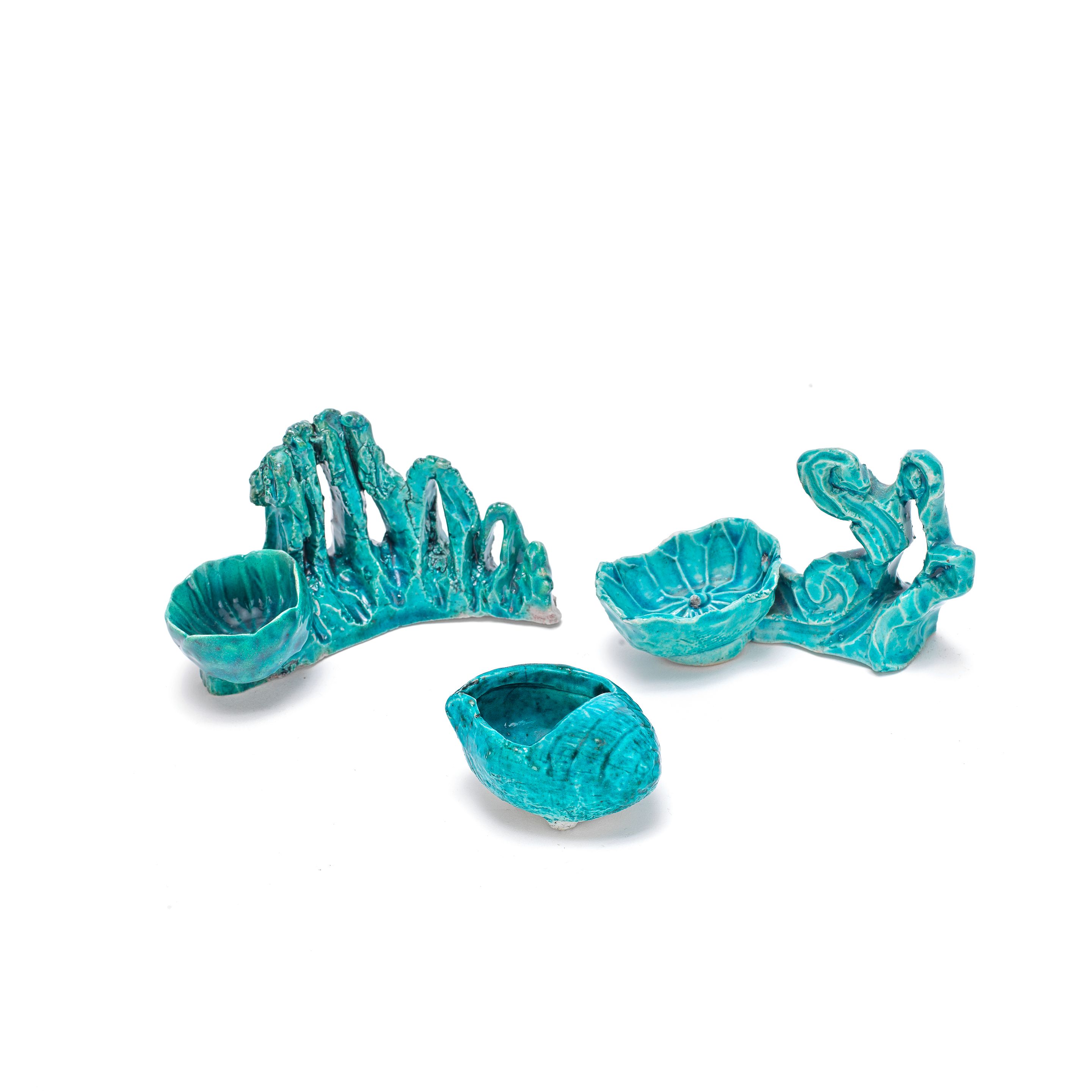Bonhams : TWO TURQUOISE GLAZED 'LOTUS' BRUSH WASHERS AND A SHELL-SHAPED ...
