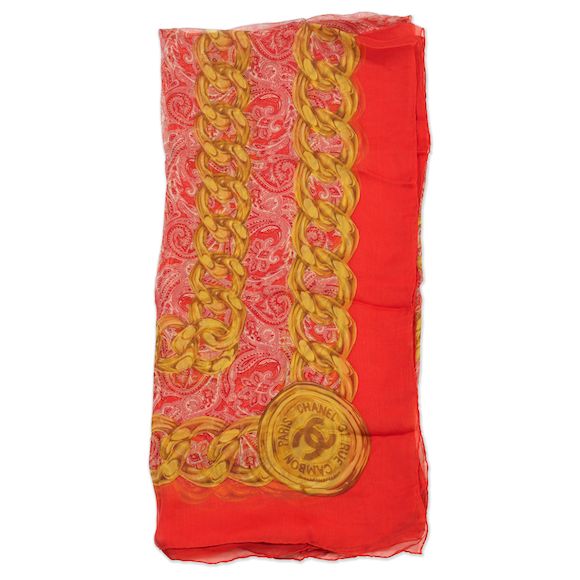 Bonhams : Chanel: a Large Red Silk Chiffon Scarf 1990s