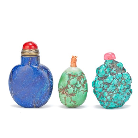 Bonhams : TWO TURQUOISE MATRIX SNUFF BOTTLES AND A LAPIS SNUFF BOTTLE ...