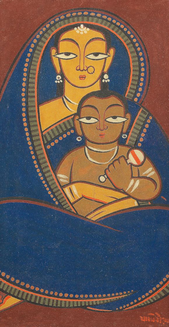 Bonhams : Jamini Roy (Indian, 1887-1972) Untitled (Seated Mother & Child)