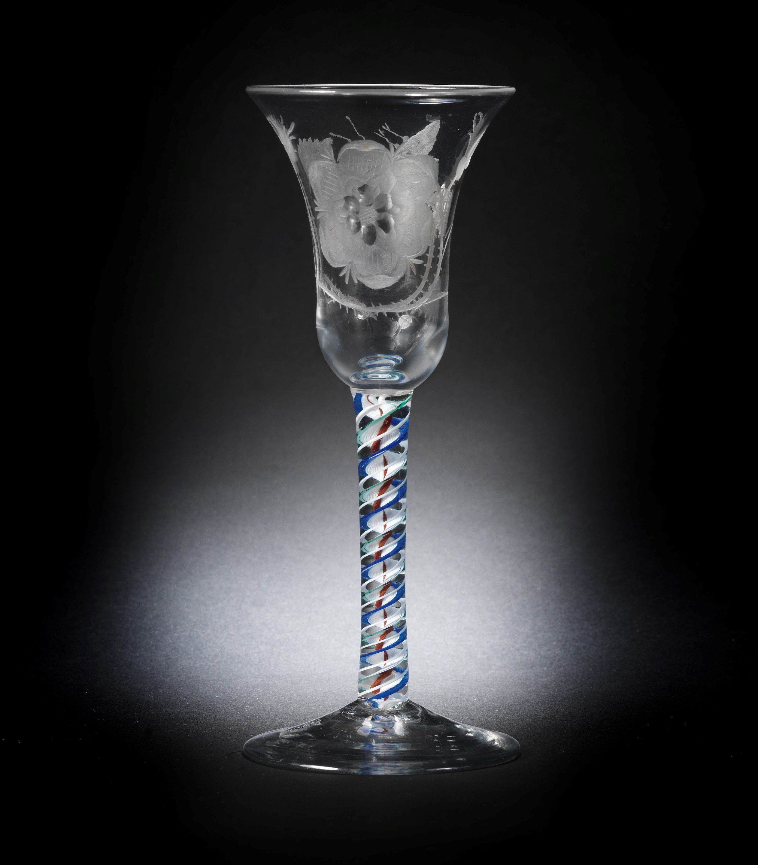 Bonhams : A VERY RARE JACOBITE COLOUR TWIST GLASS Circa 1760