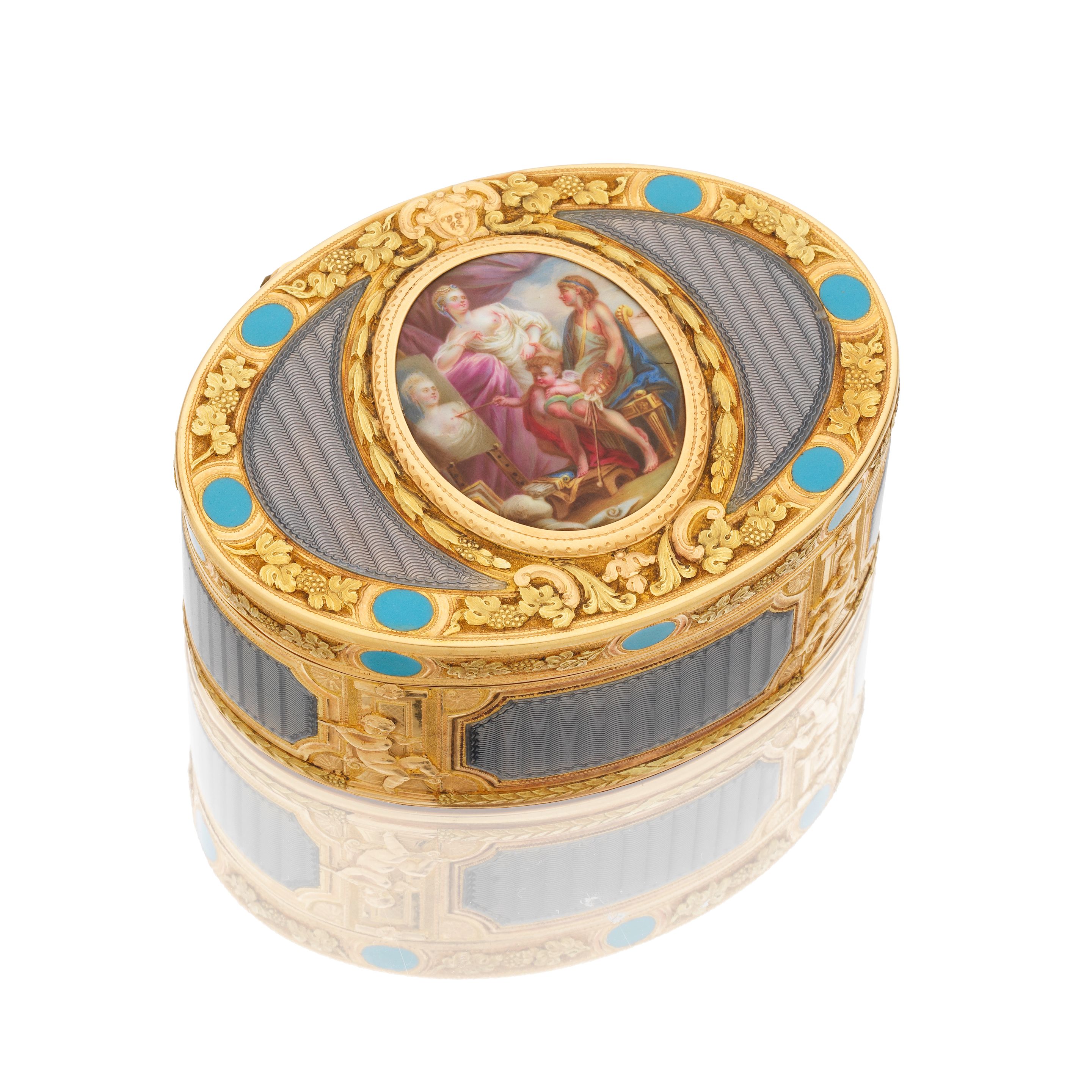 Bonhams : A Louis XV vari-coloured gold and enamelled oval snuff box ...