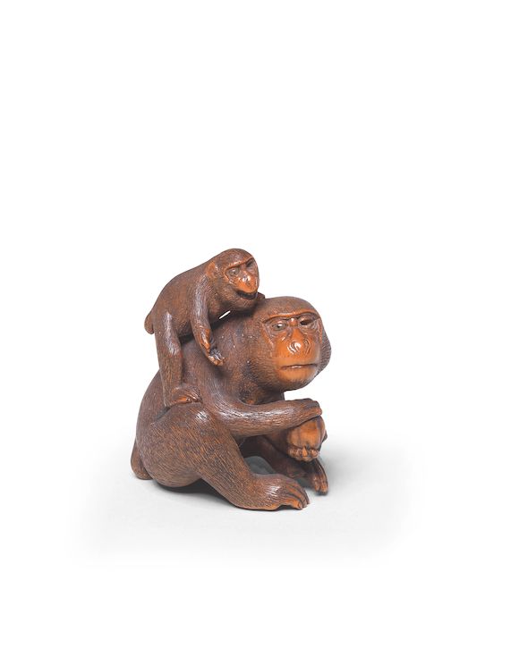 Bonhams : A WOOD NETSUKE OF TWO MONKEYS By Sadakazu, Edo period (1615 ...