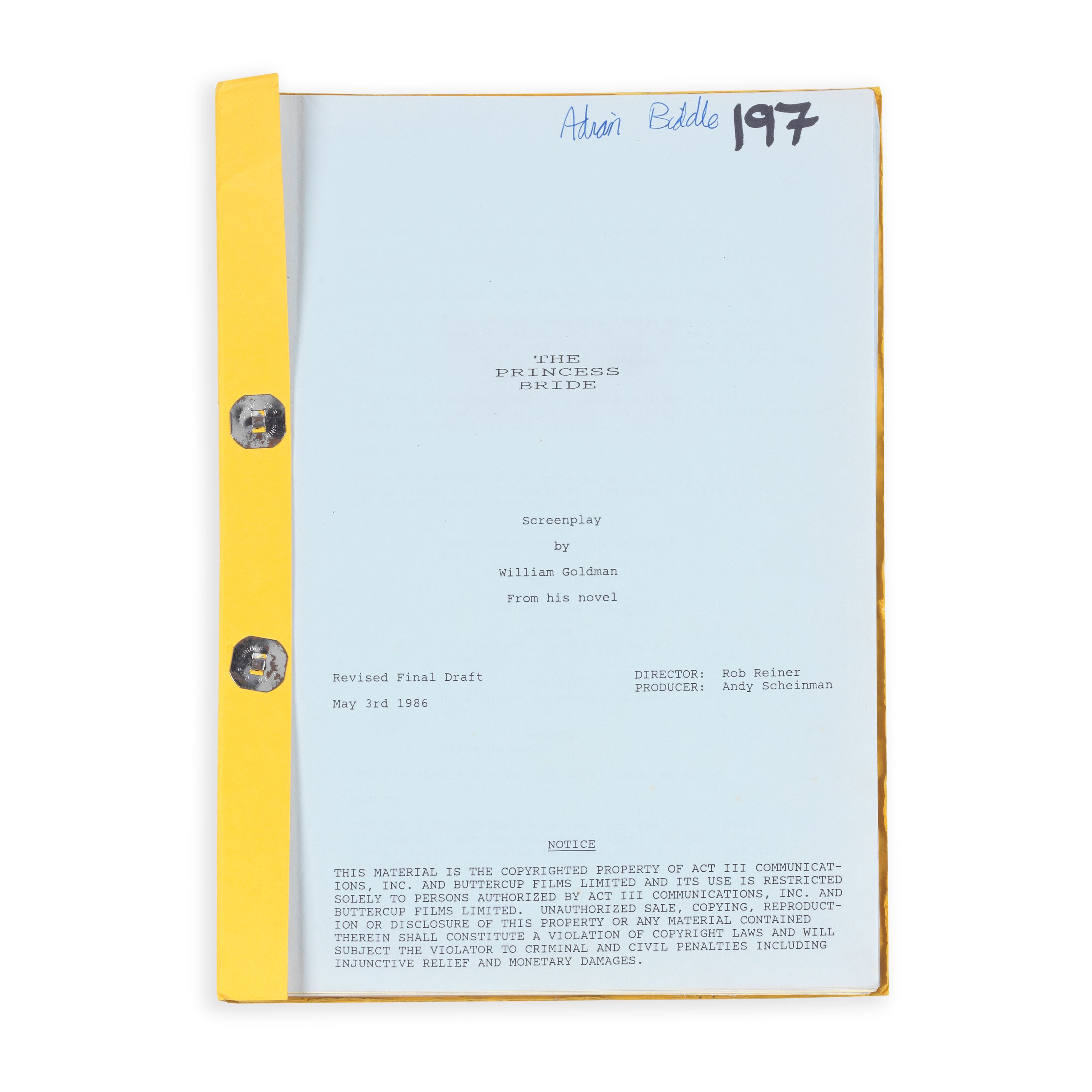 Bonhams : The Princess Bride A Revised Final Draft Script, Buttercup ...