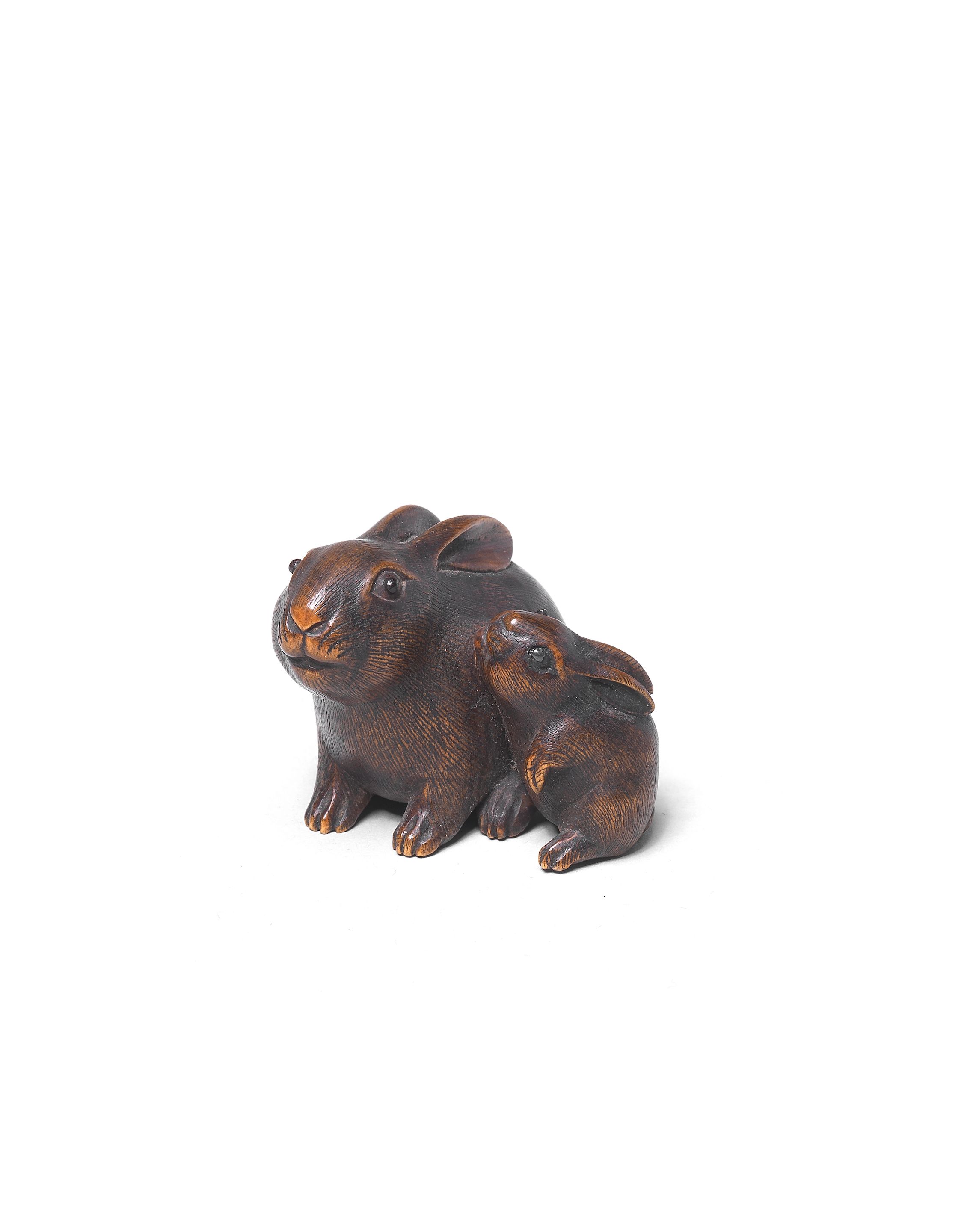 Bonhams : A WOOD NETSUKE OF TWO RABBITS By Masanao, Yamada, Ise ...