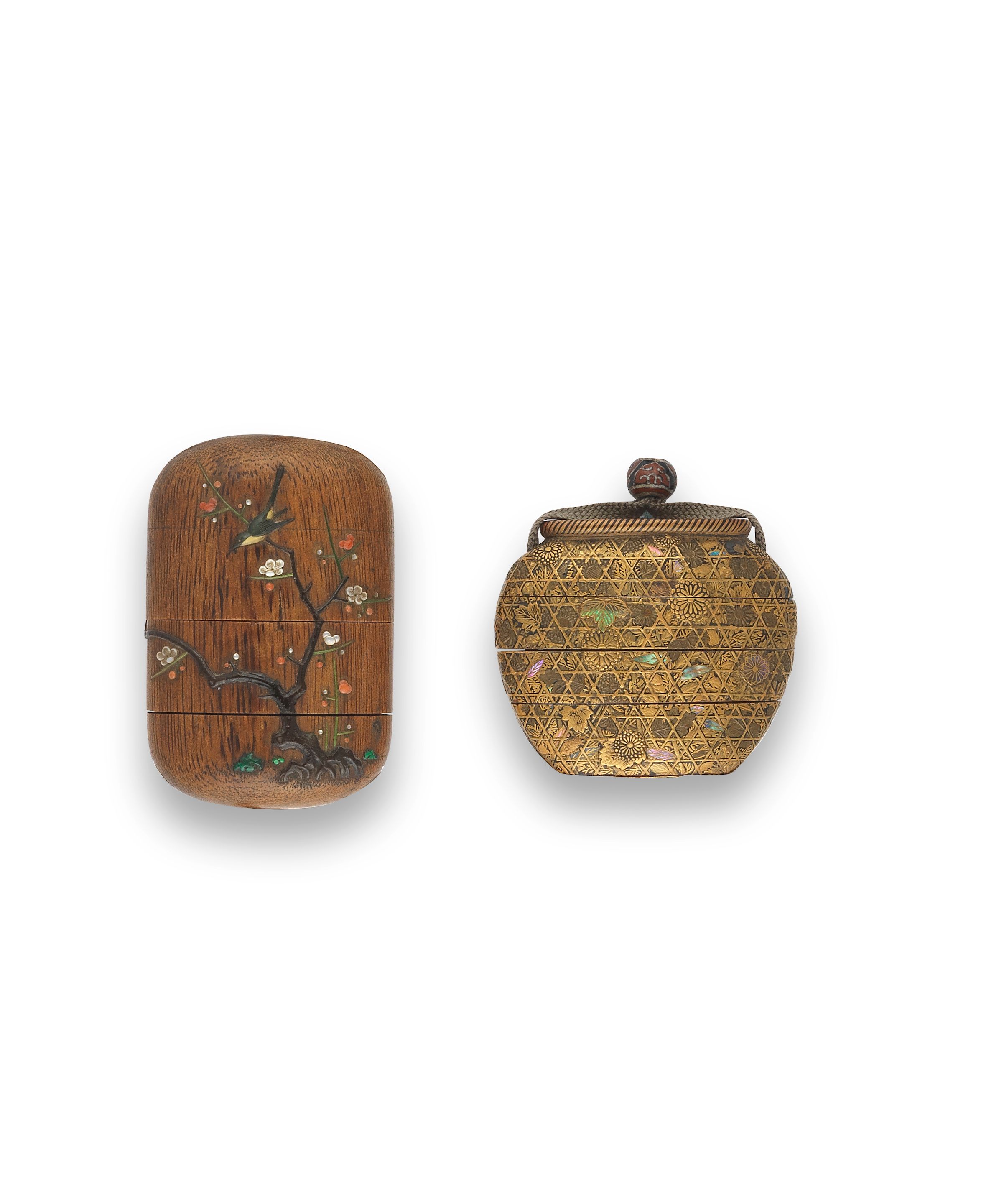 Bonhams : ONE GOLD-LACQUERED THREE-CASE INRO AND ONE INLAID WOOD THREE ...