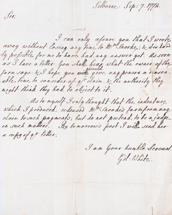 Bonhams : WHITE (GILBERT) Autograph letter signed ("I am your humble ...