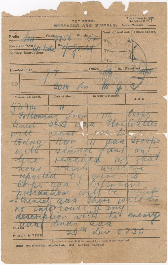 Bonhams : WORLD WAR I - ARMISTICE Armistice telegram announcing the end ...