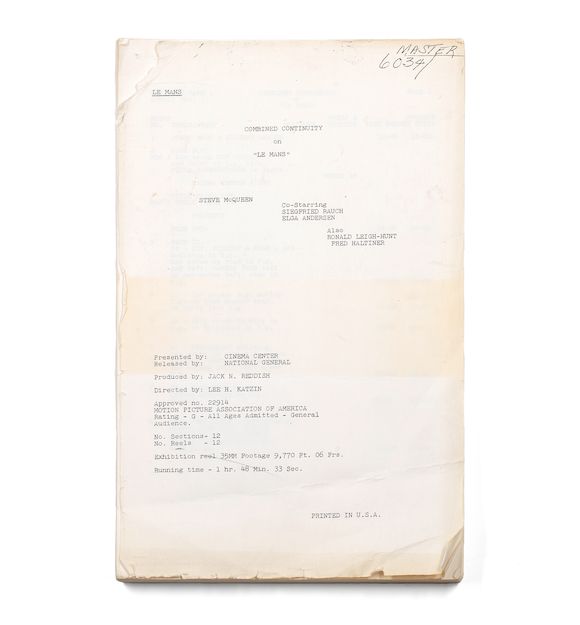 Bonhams : Le Mans: A Combined Continuity Script, Cinema Center Films, 1971,
