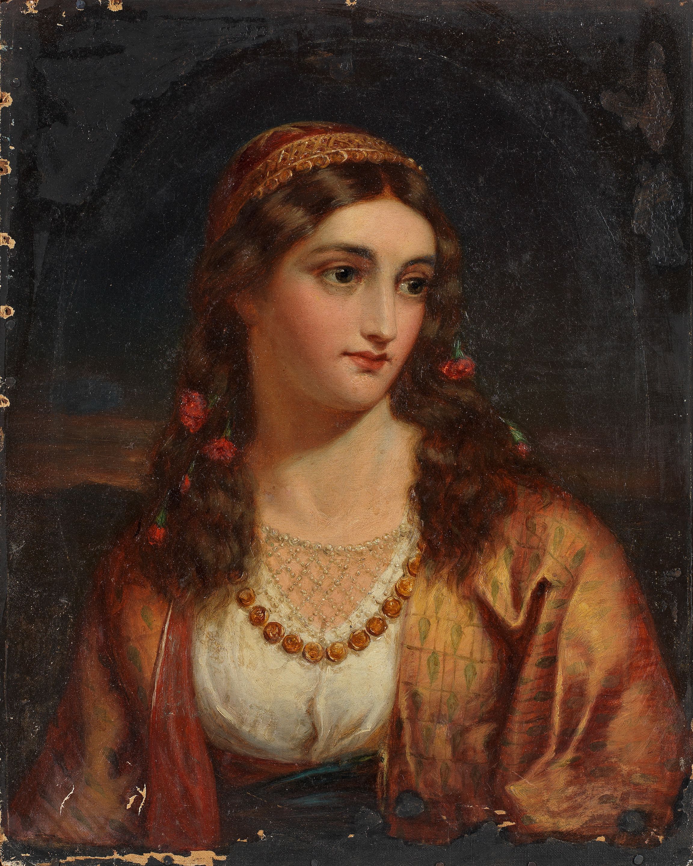 Bonhams : British School, 19th century Levantine lady with flowers in ...