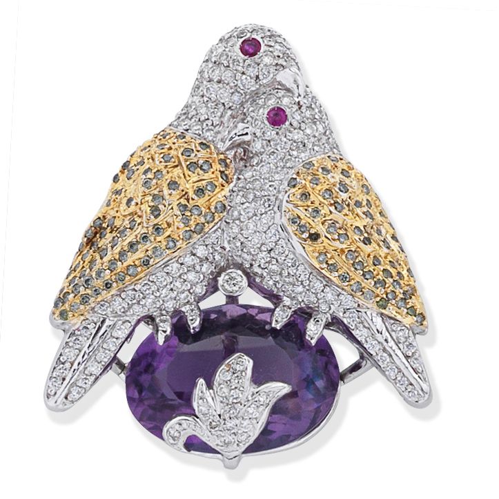 Bonhams : AMETHYST, DIAMOND, AND COLOURED DIAMOND BIRD BROOCH