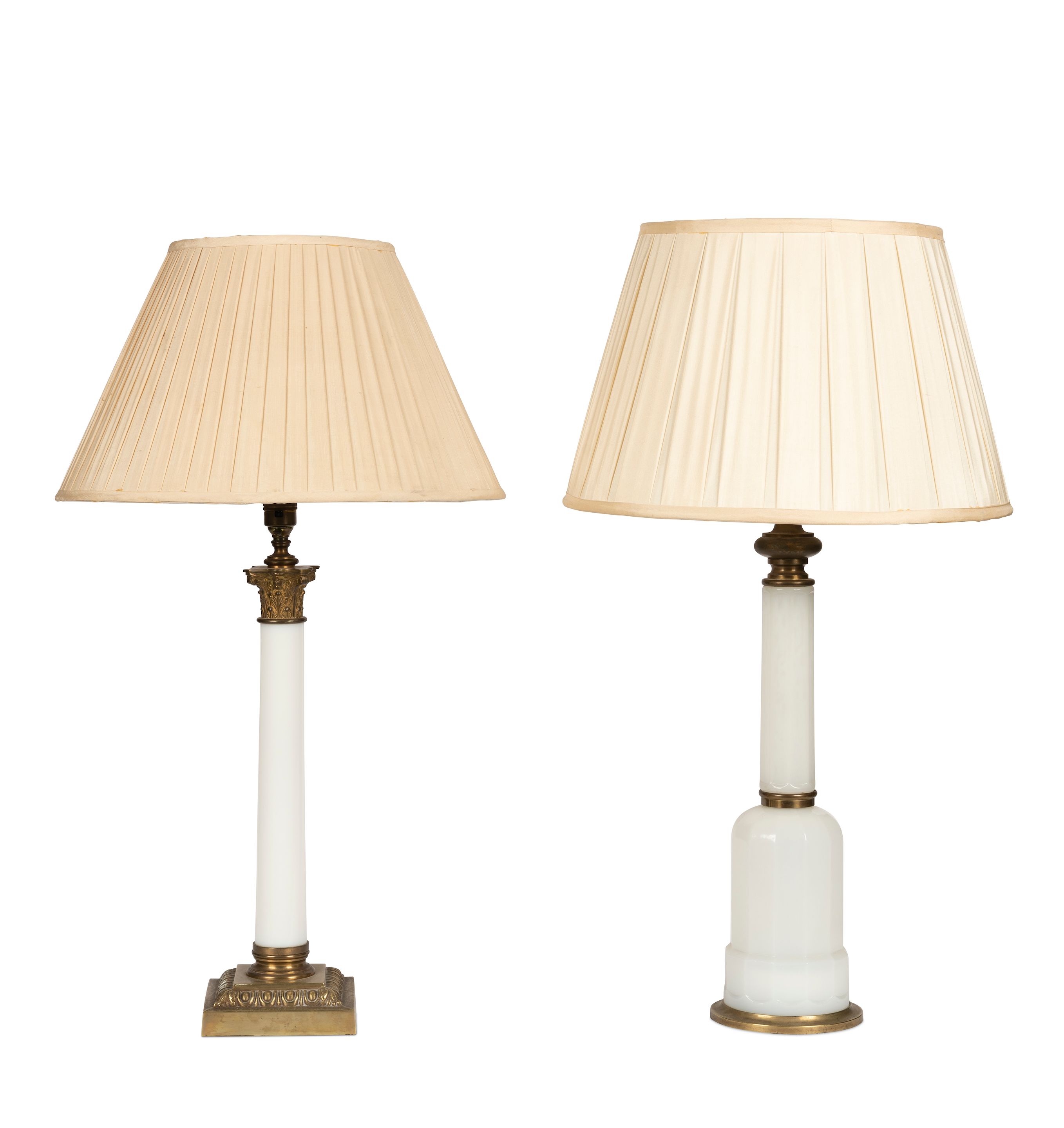 Bonhams : A brass and opaline glass Corinthian column lamp base (2)