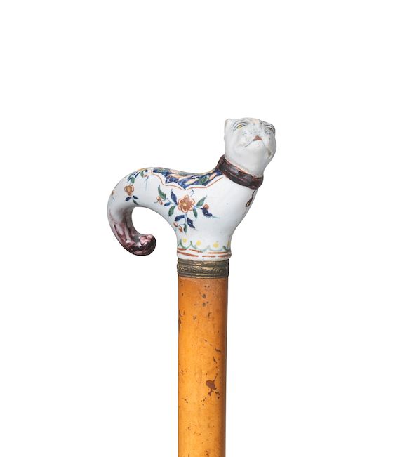 Bonhams : A French faience cane handle in the shape of a pug, 19th century