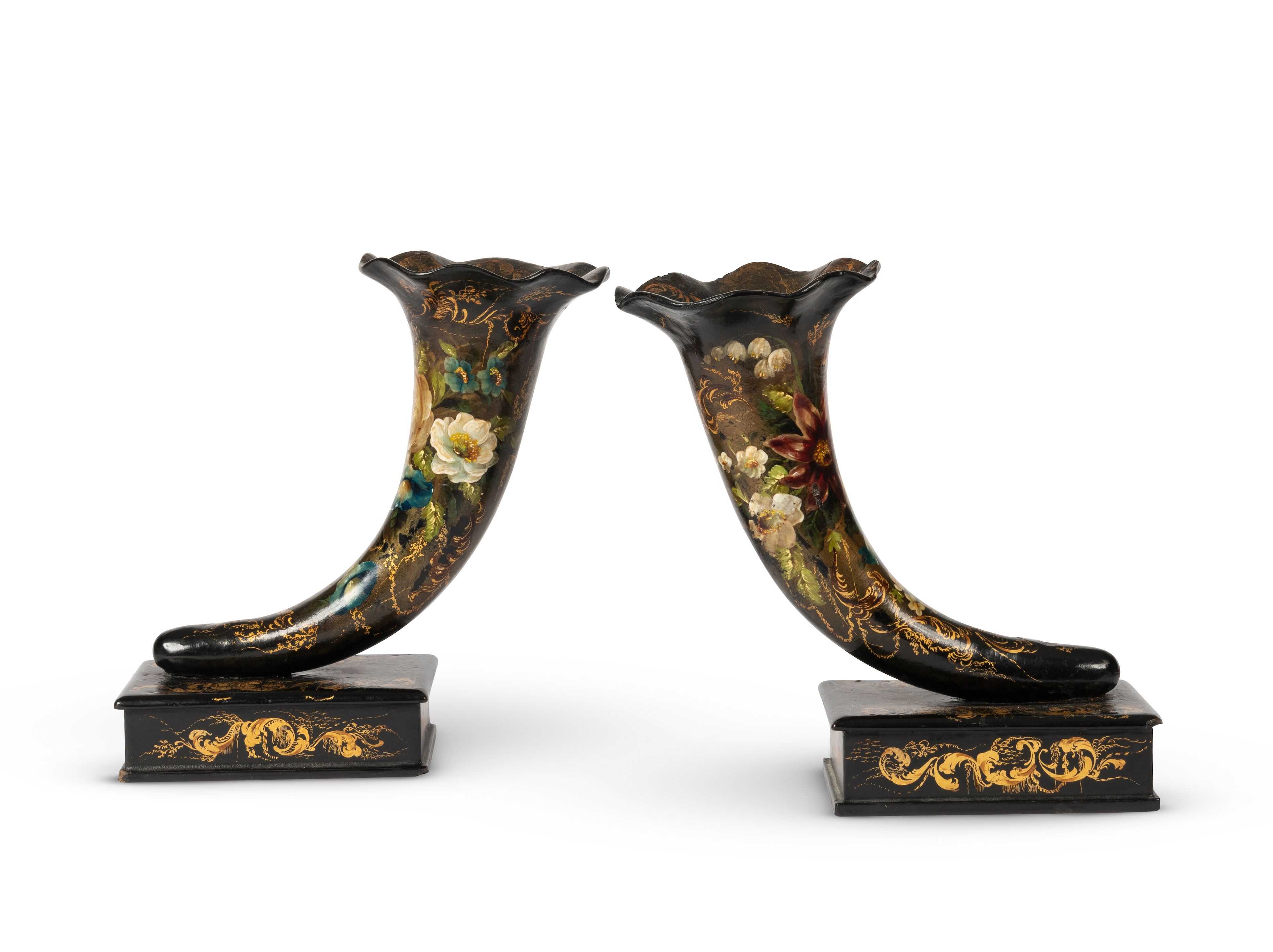 Bonhams : A pair of early Victorian black polychrome and gilt decorated ...