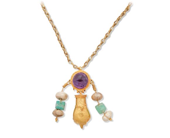 Bonhams : A Roman gold, amethyst, pearl and emerald pendant